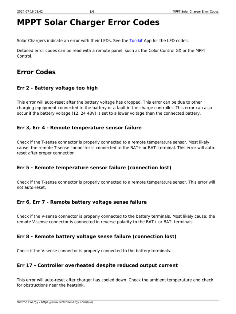 MPPT Solar Charger Error Codes | PDF | Battery Charger | Manufactured Goods