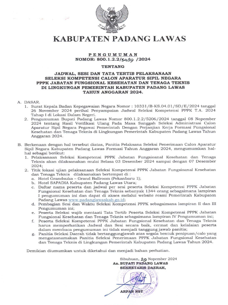 Pengumuman Jadwal Dan Sesi Seleksi Kompetensi PPPK Tahap 1 T.A. 2024 | PDF