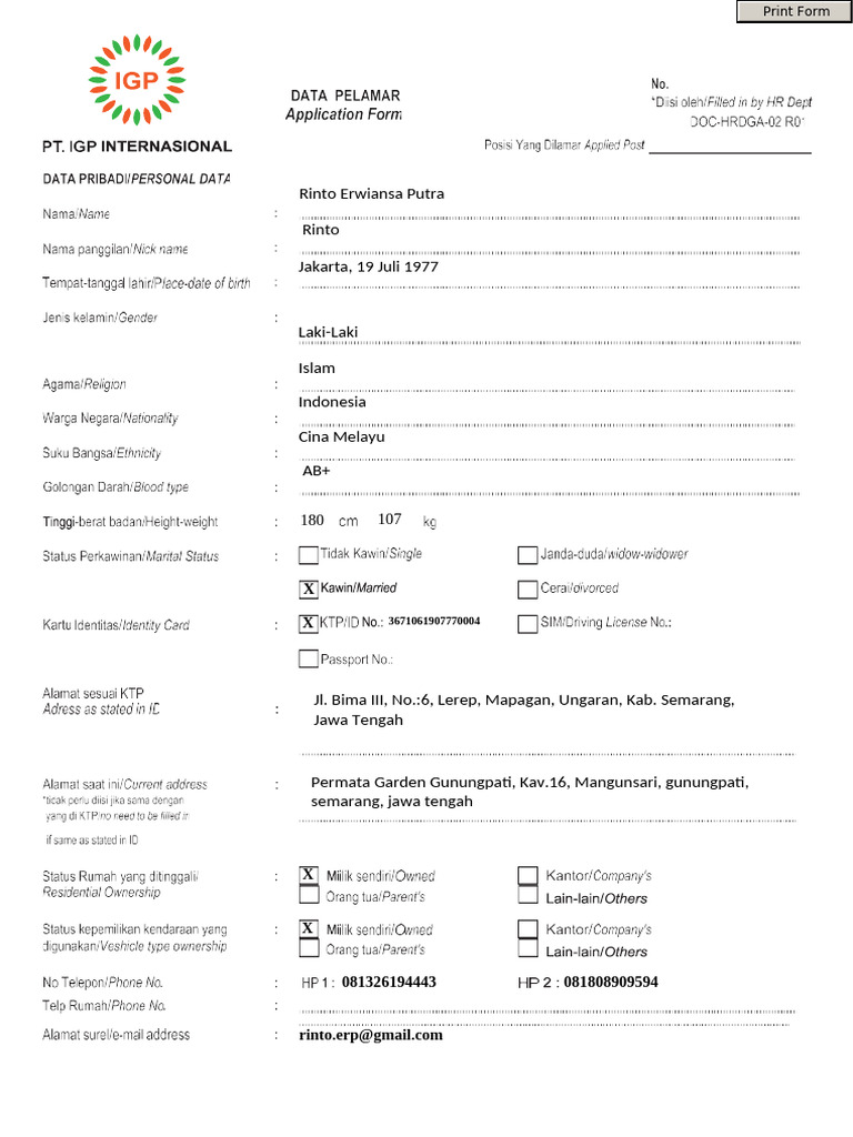 Formulir Data Pelamar PT IGPI NEW | PDF