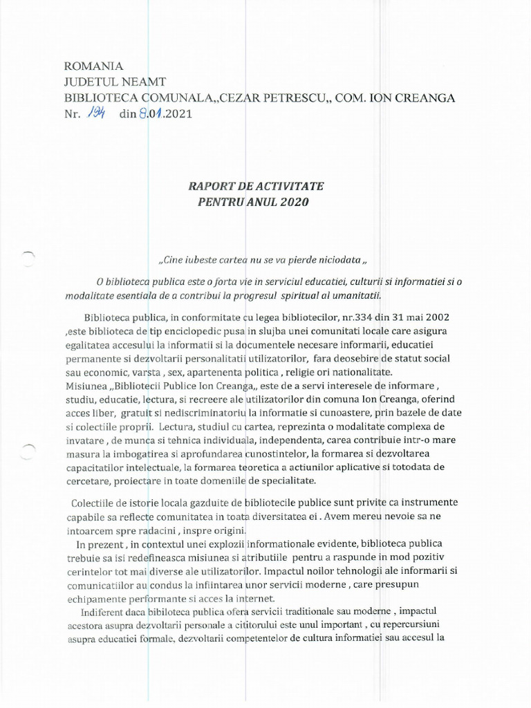Raport de Activitate Desfasurat D e Biblioteca Comunala in Anul 2020 | PDF
