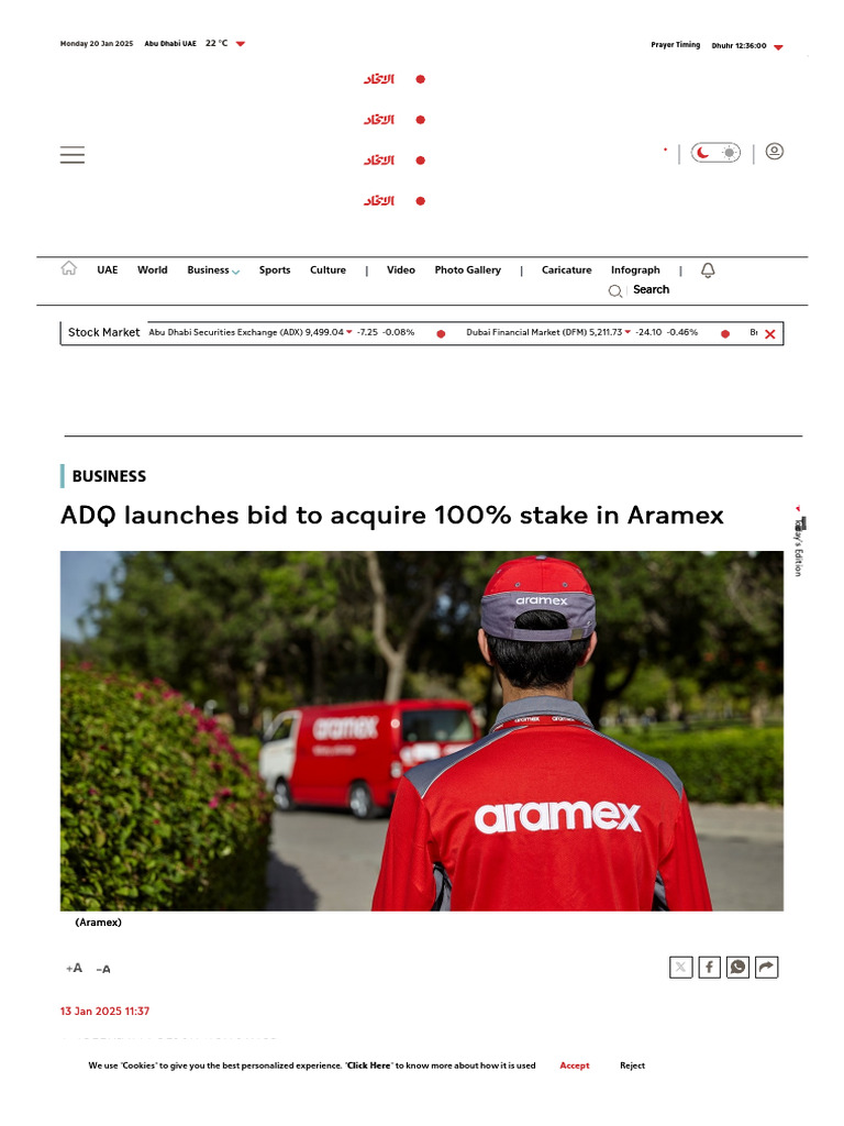Abu Dhabi - ADQ Launches Bid To Acquire 100 - Stake in Aramex - Aletihad News Center | PDF ...