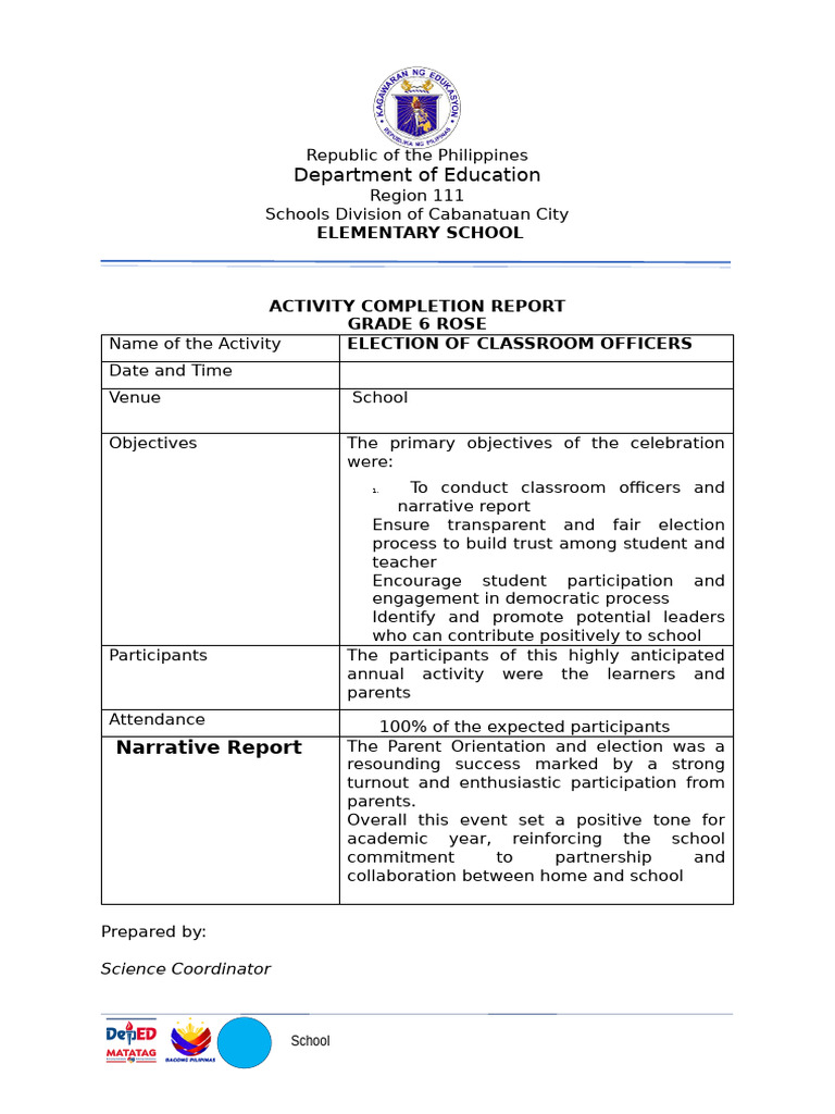 Grade 6 Classroom Officers Election Report | PDF