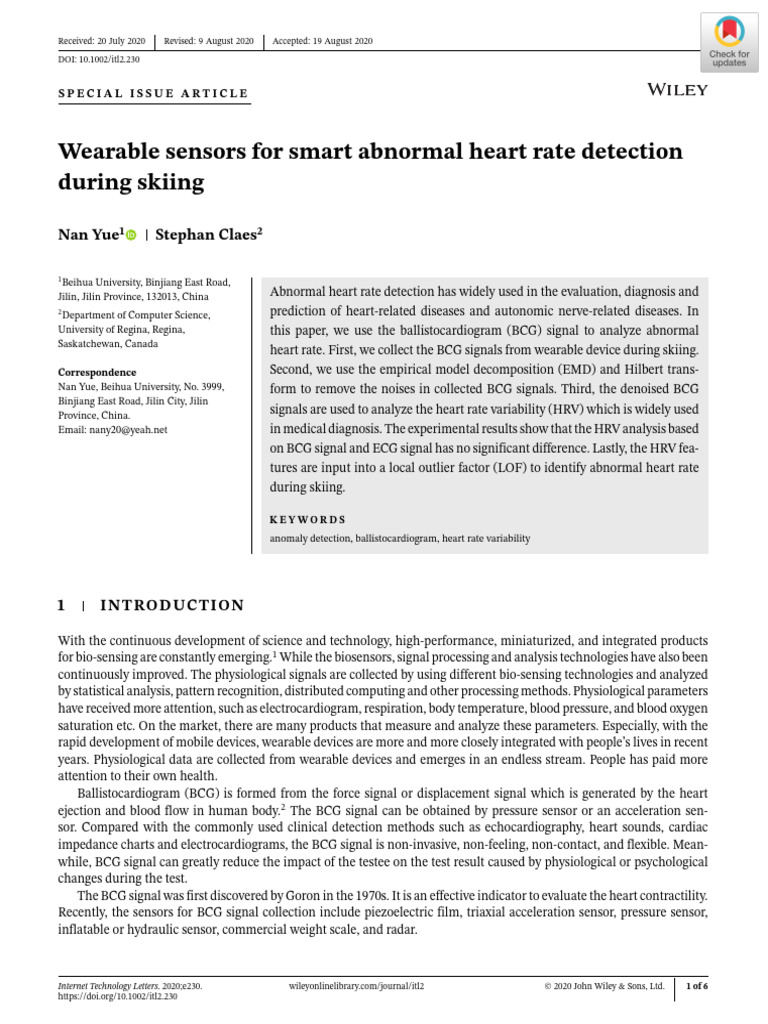 Wearable Sensors For Smart Abnormal Heart Rate Detection During Skiing Nan Yue1 Stephan Claes2 ...