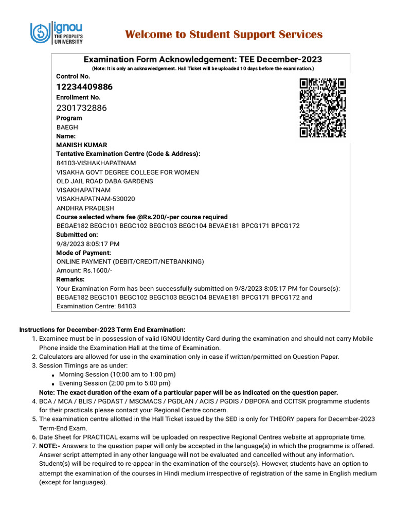 IGNOU - Examination Form Acknowledgement | PDF | Banking Technology ...