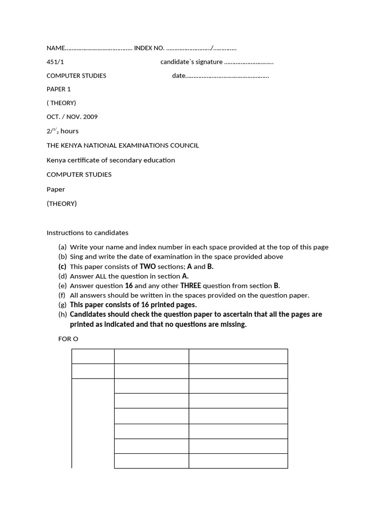 KCSE Computer Studies Paper 1 Instructions | PDF