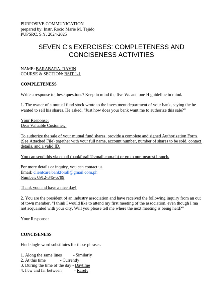 Barabara, Ravin - Seven c’s Exercises_ Completeness and Conciseness ...