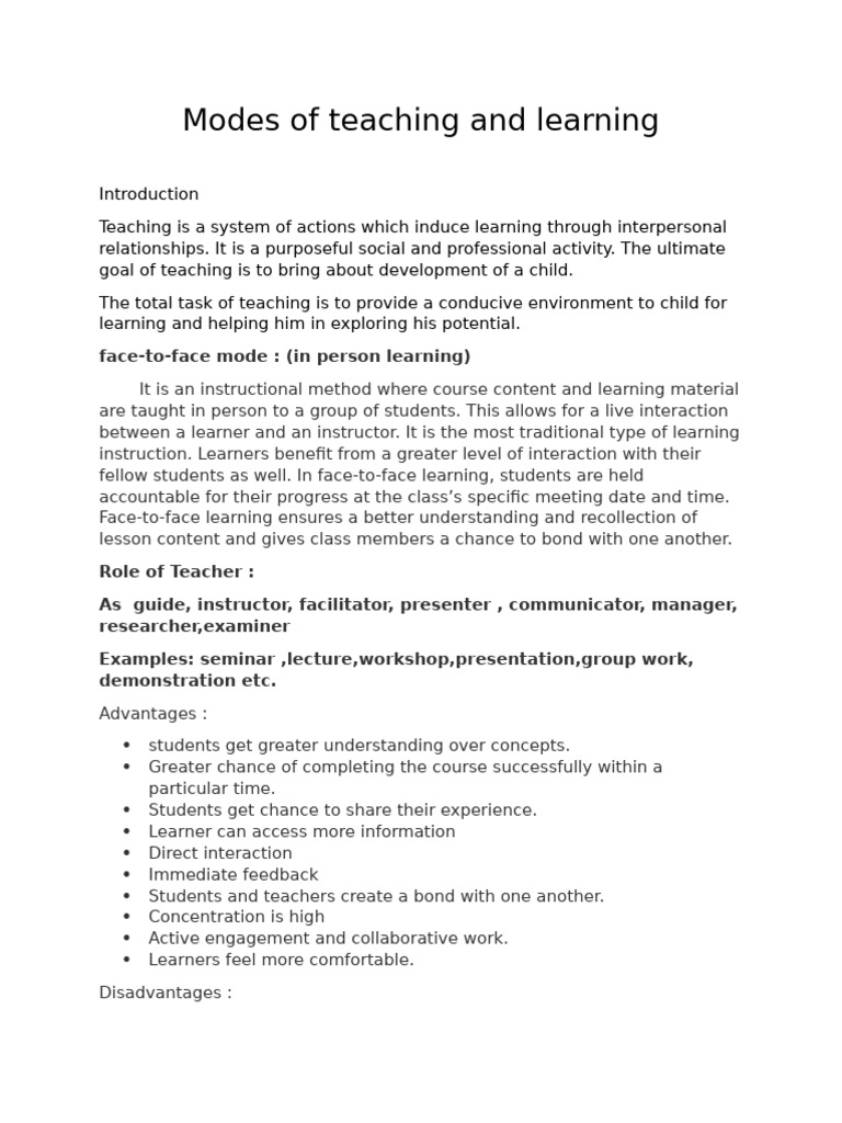 Modes of Teaching and Learning | PDF | Distance Education | Educational ...