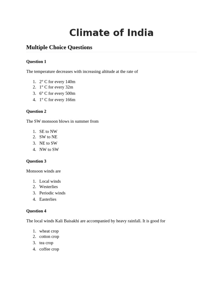 MCQs on India's Climate for Students | PDF | Monsoon | Rain
