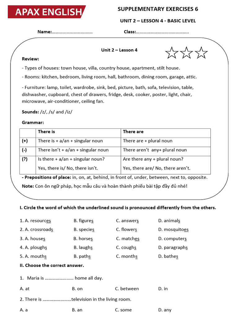 Basic Level English Exercises Unit 2 | PDF | Room