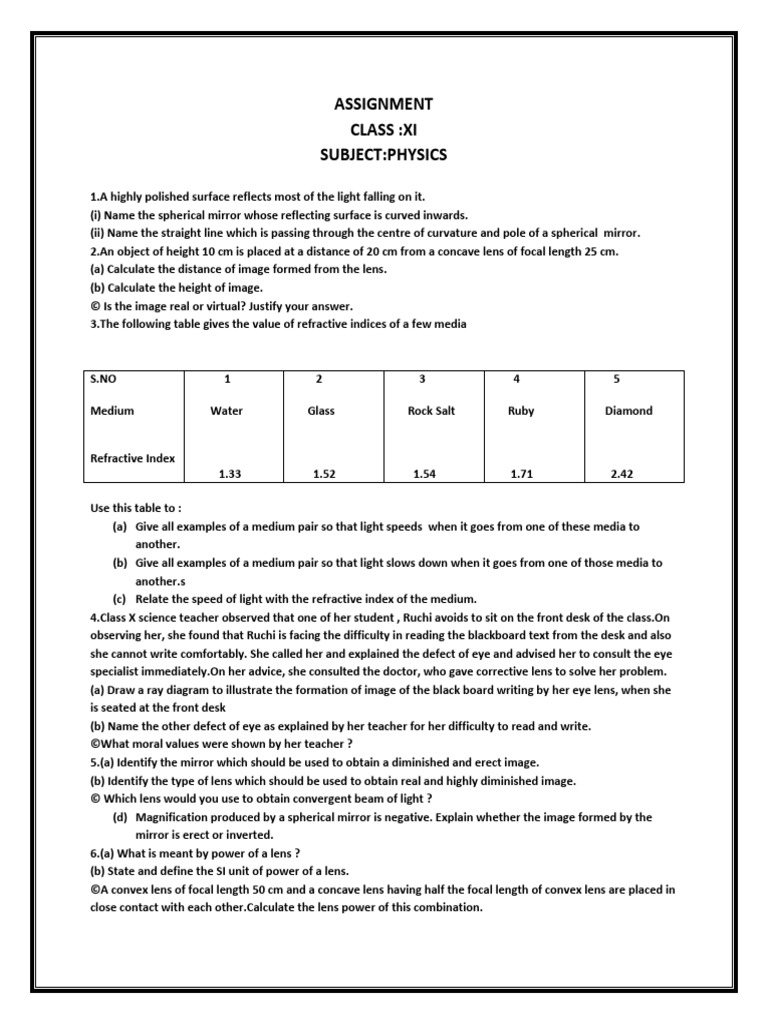 Class 10 Physics Assignment: Key Questions | PDF | Optics ...