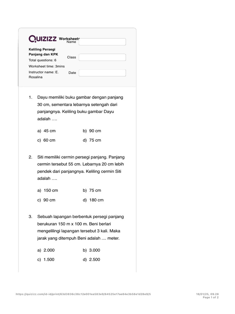 Quizizz - Keliling Persegi Panjang Dan KPK | PDF