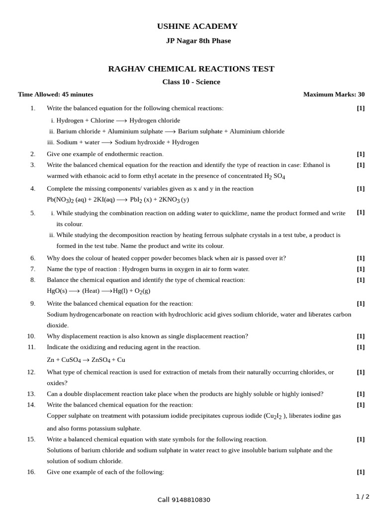 Cbse Chemical Reactions Test Paper | PDF | Chemical Reactions ...