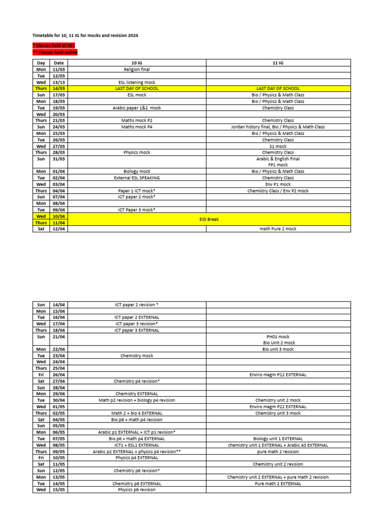 2024 Revision Timetable for IG Students | PDF | Physical Sciences | Natural Sciences