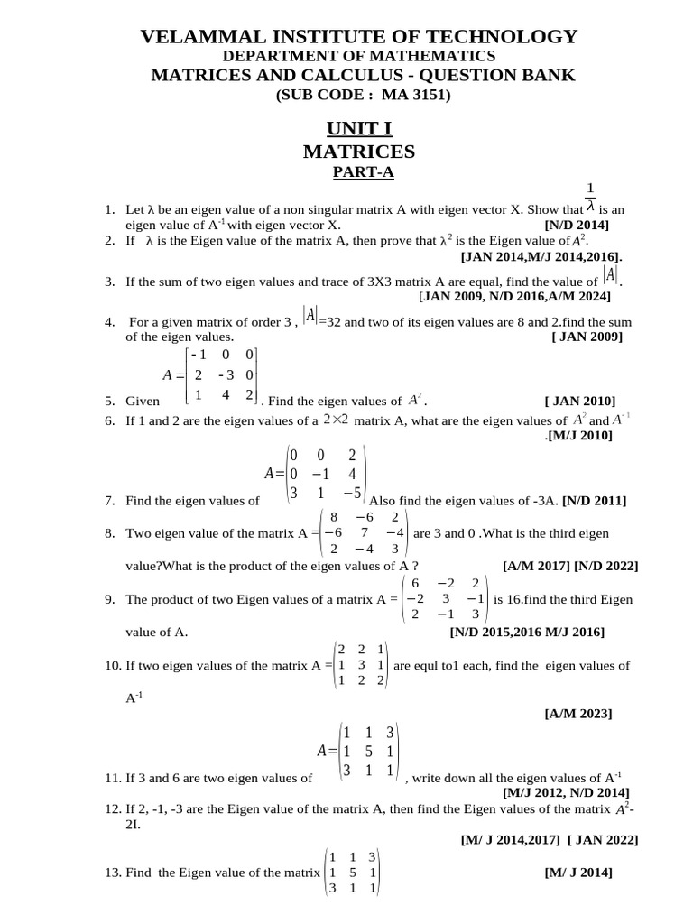 Updated Matrices & Calculus - QB Ma3151 (15.9.23) | PDF | Eigenvalues And Eigenvectors | Matrix ...