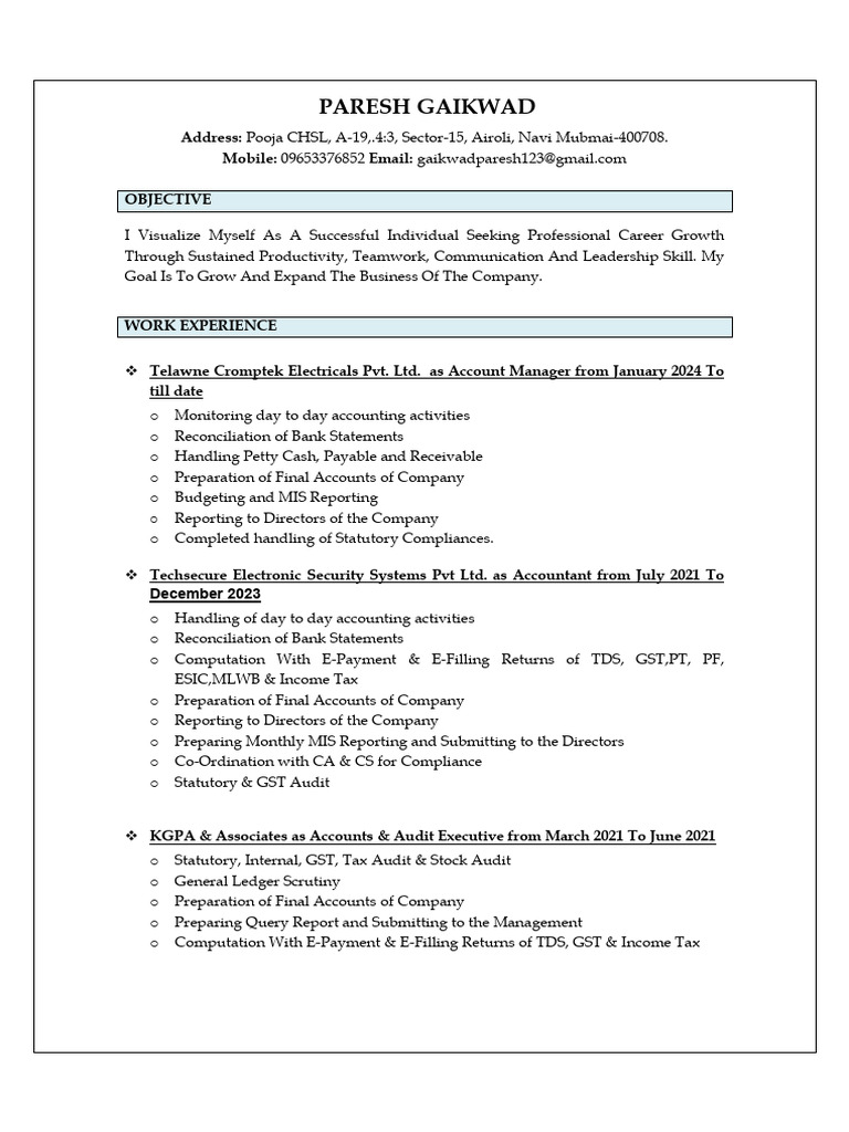 Resume Paresh Gaikwad | PDF | Accounts Payable | Economies