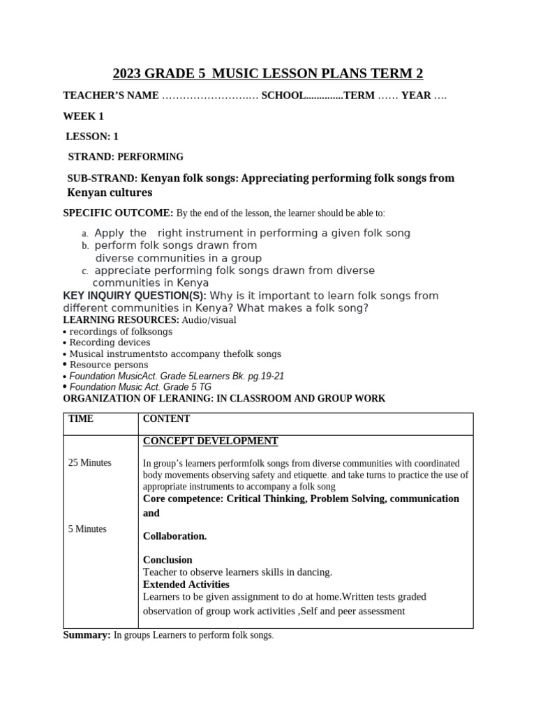 Grade 5 Music Lesson Plans Term 2 | PDF | Learning | Recorder (Musical ...