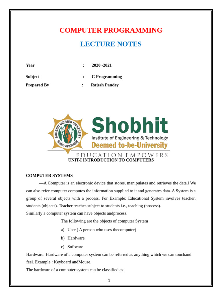 C Programming Lecture Notes Overview | PDF | Computer Data Storage ...