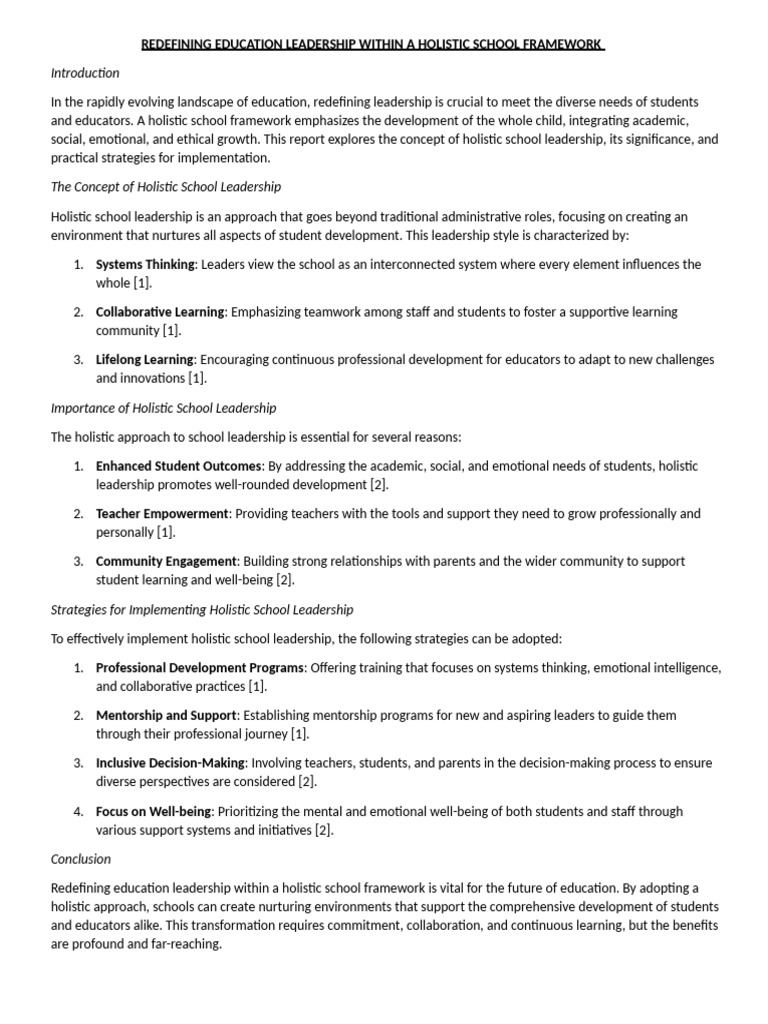 Redefining Education Leadership Within A Holistic School Framework ...