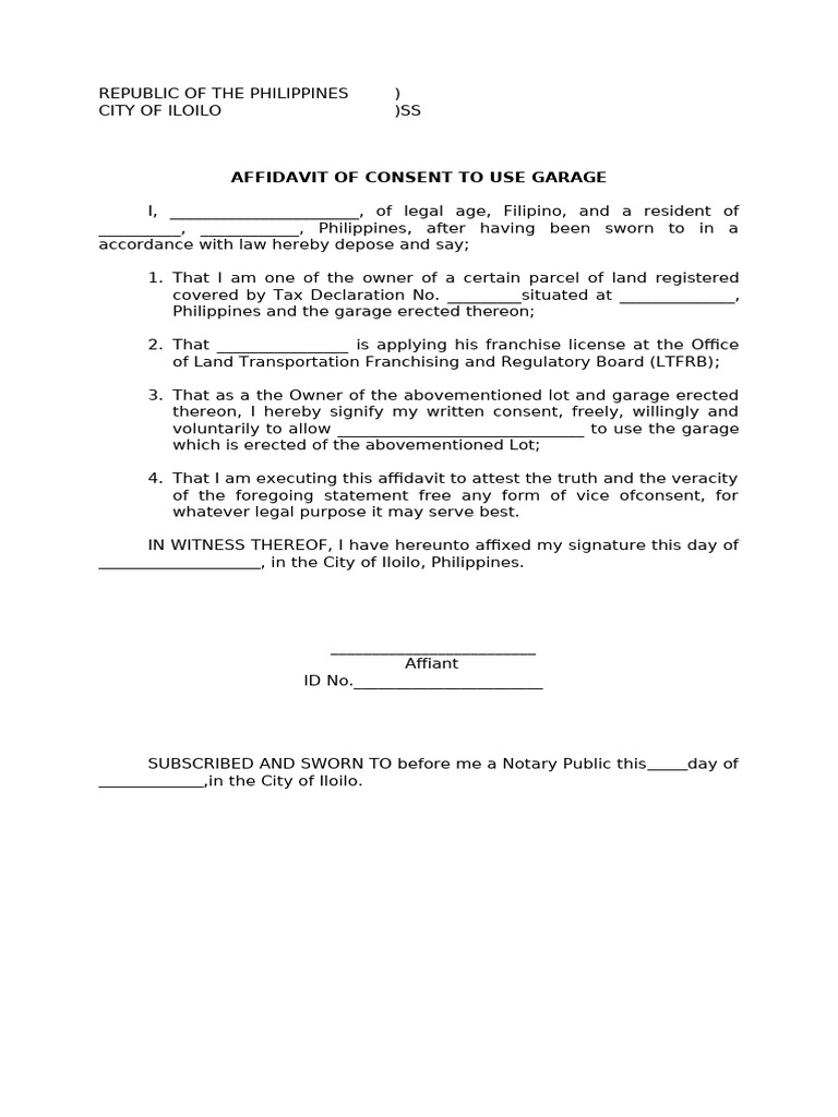 Affidavit for Garage Use Consent | PDF