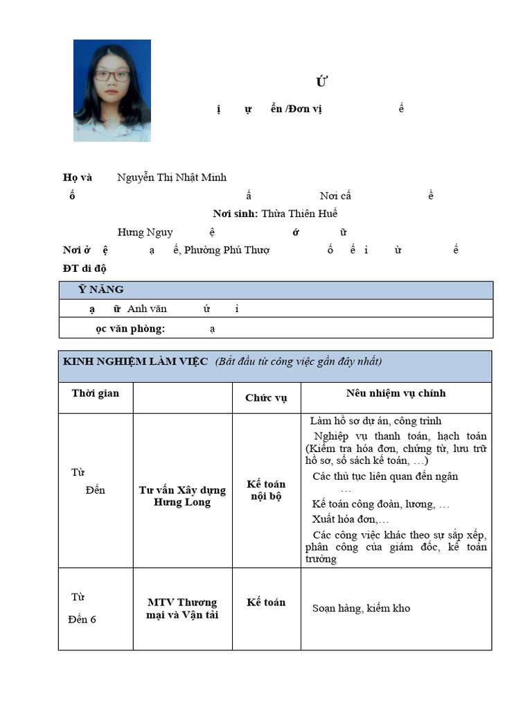 Đon Xin Viec Lam - Ung Tuyen VI Tri Ke Toan - Nguyen Thi Nhat Minh | PDF