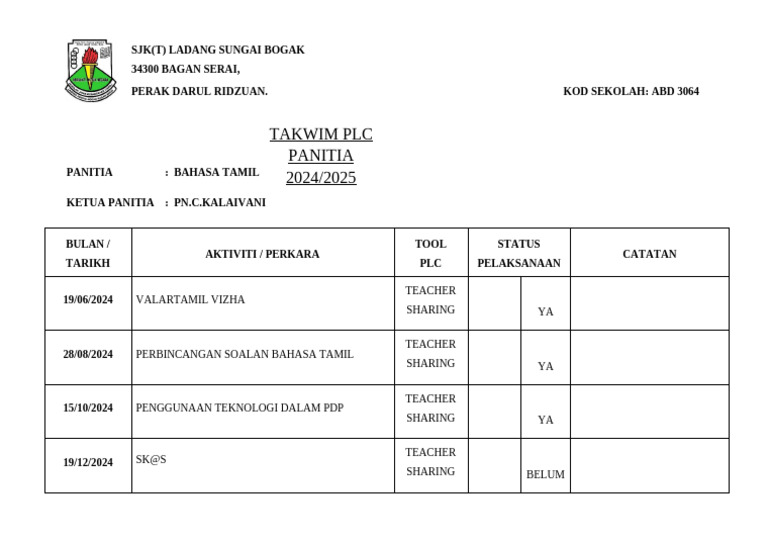 Tapak Takwim PLC Panitia 2023-2024 | PDF