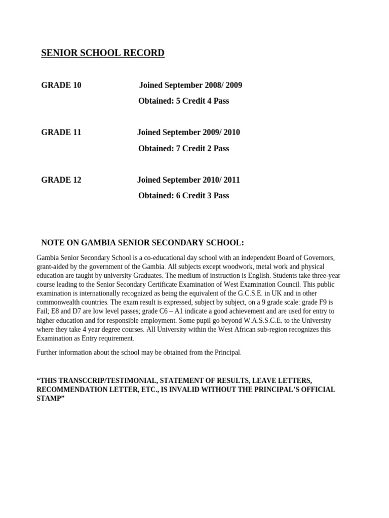 Gambia Senior Secondary School Record | PDF