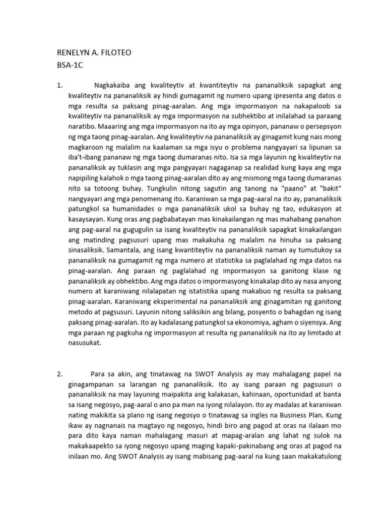 Classwork 2 - Renelyn A. Filoteo - BSA-1C | PDF