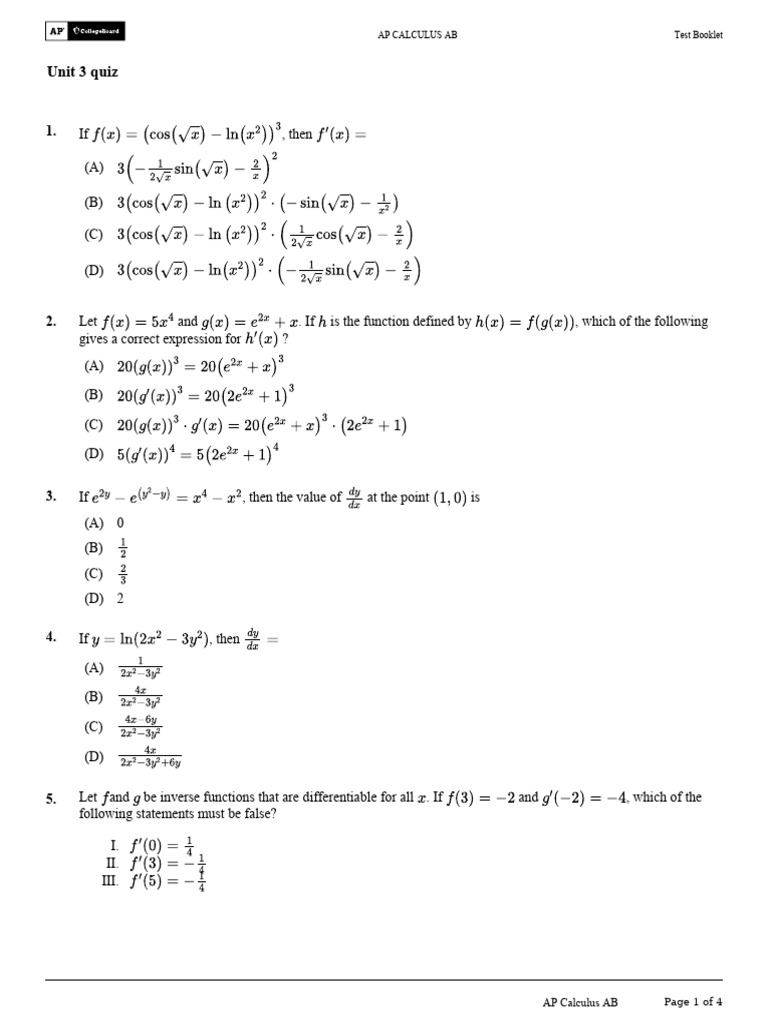 AP Calculus AB Unit 3 Quiz | PDF | Derivative | Function (Mathematics)