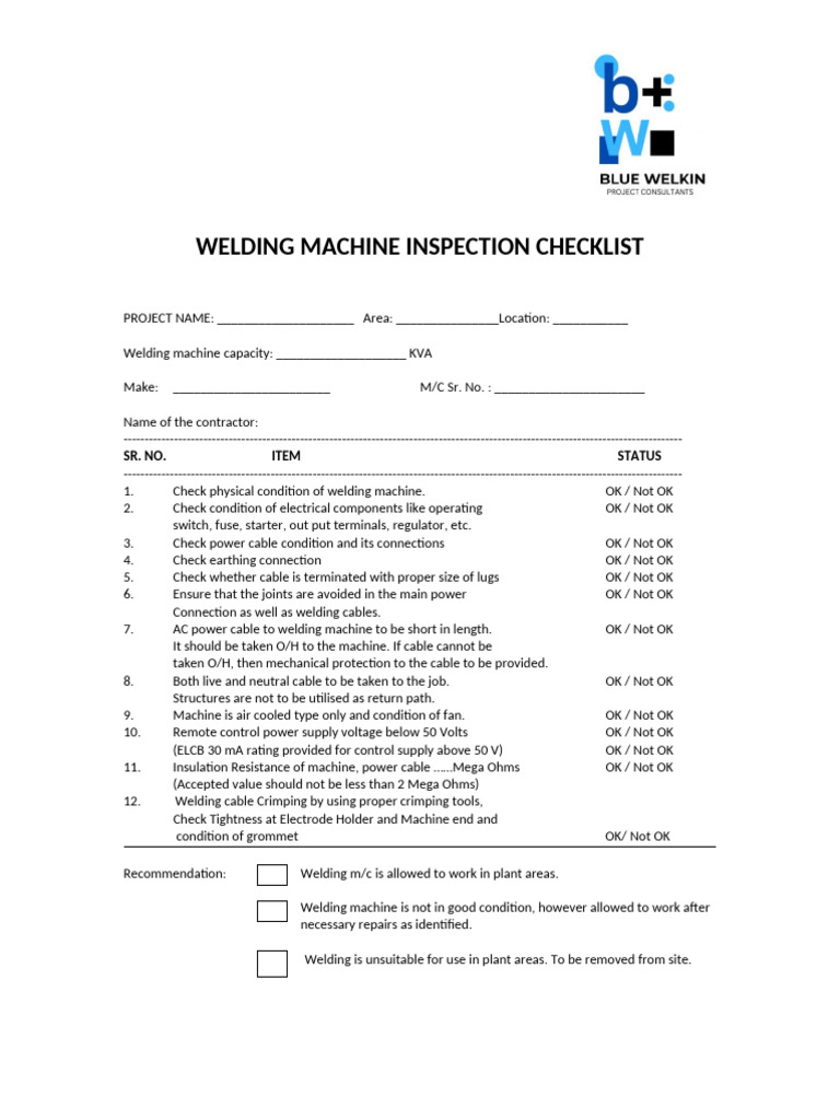 30.welding Machine Inspection Checklist | PDF | Welding | Construction