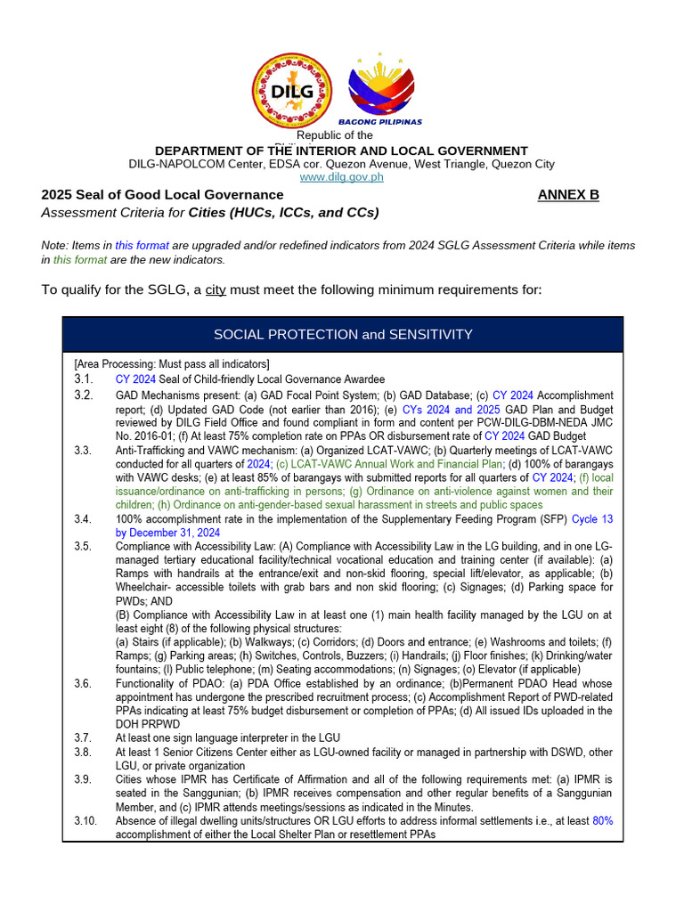 SGLG 2025 Social Protection (Assessment Criteria) | PDF