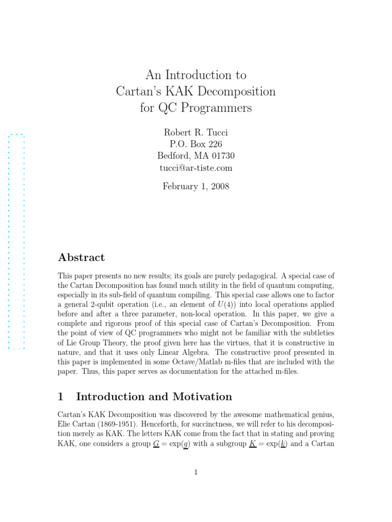An Introduction To Cartans Kak Decomposition For Qc Programmers Pdf Matrix Mathematics