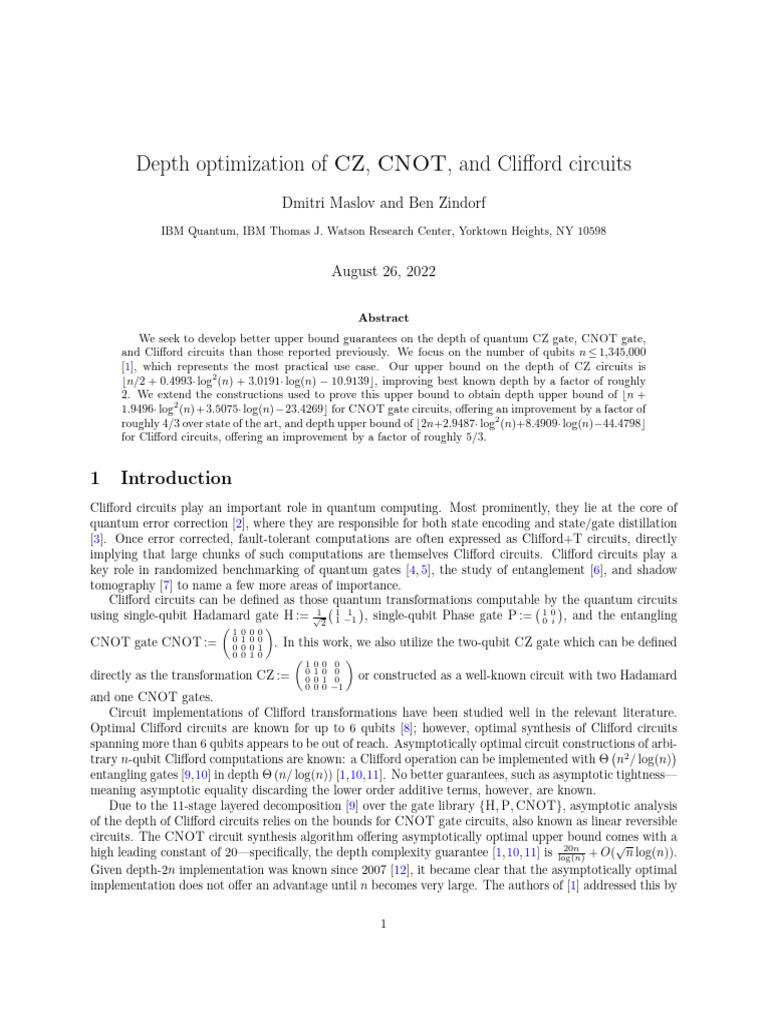 Depth optimization of CZ, CNOT, and Clifford circuits | PDF | Quantum Computing | Quantum Mechanics