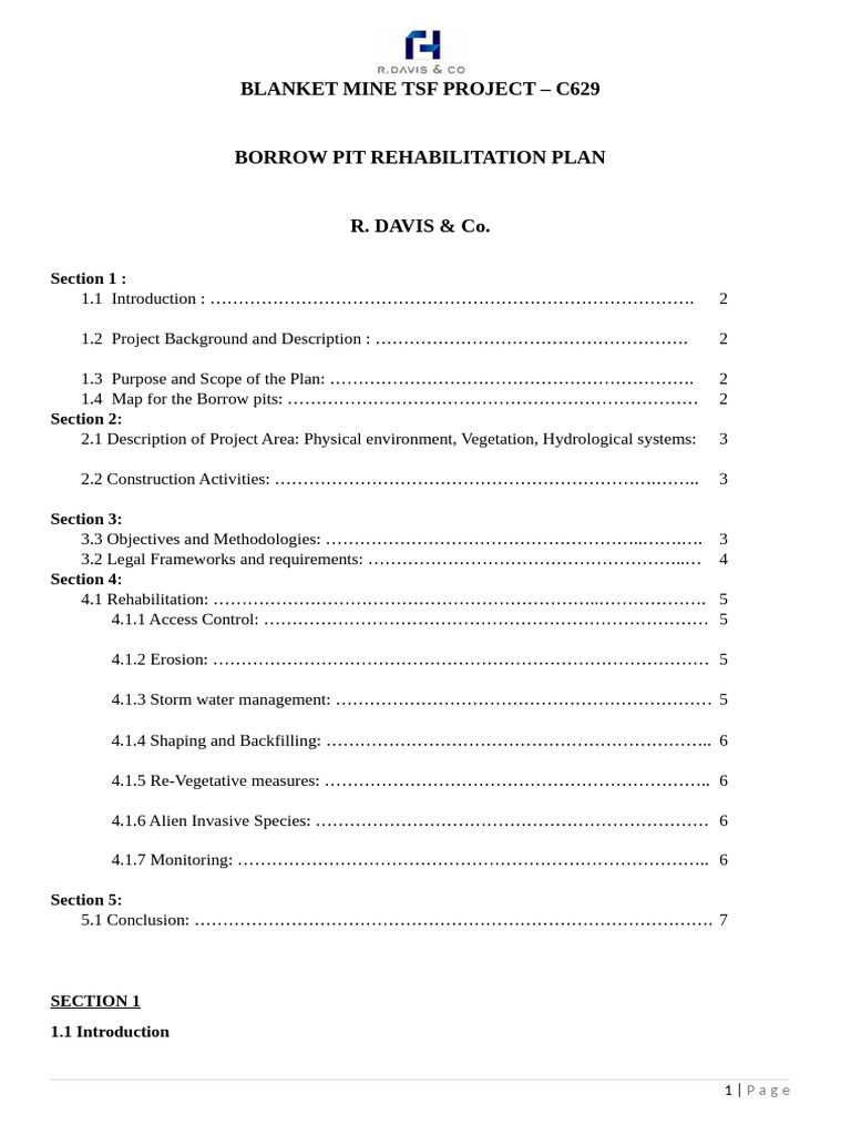 BORROW PIT REHABILITATION PLAN - Blanket Mine TSF Project | PDF | Mining | Surface Runoff