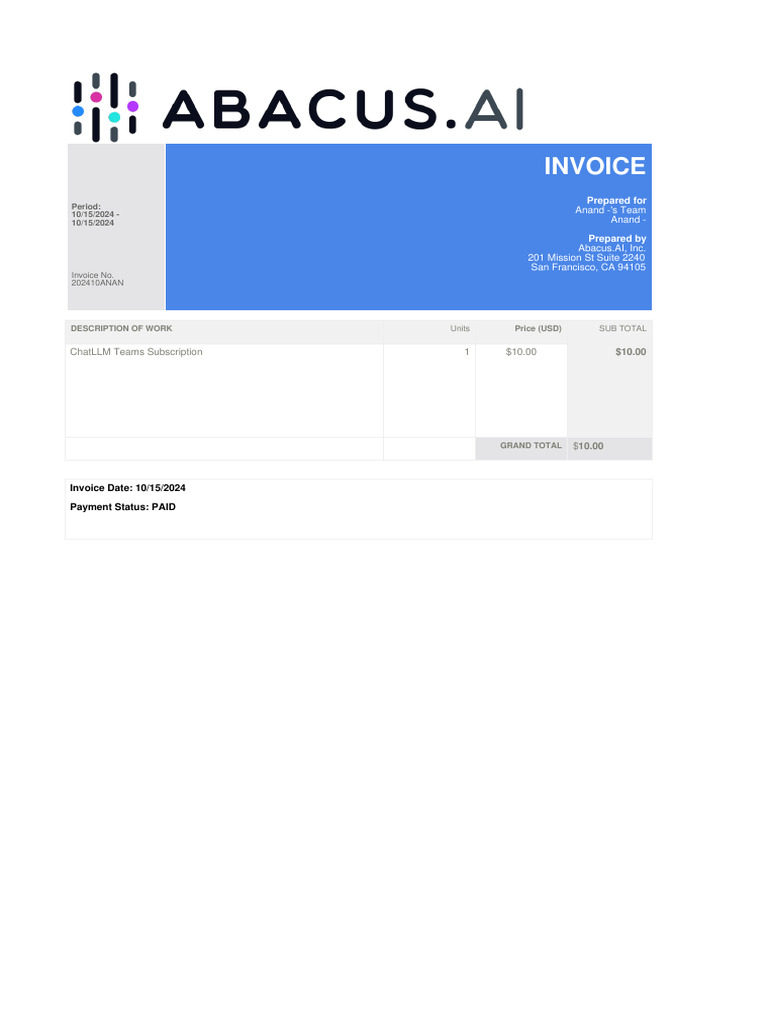 Invoice for ChatLLM Subscription | PDF