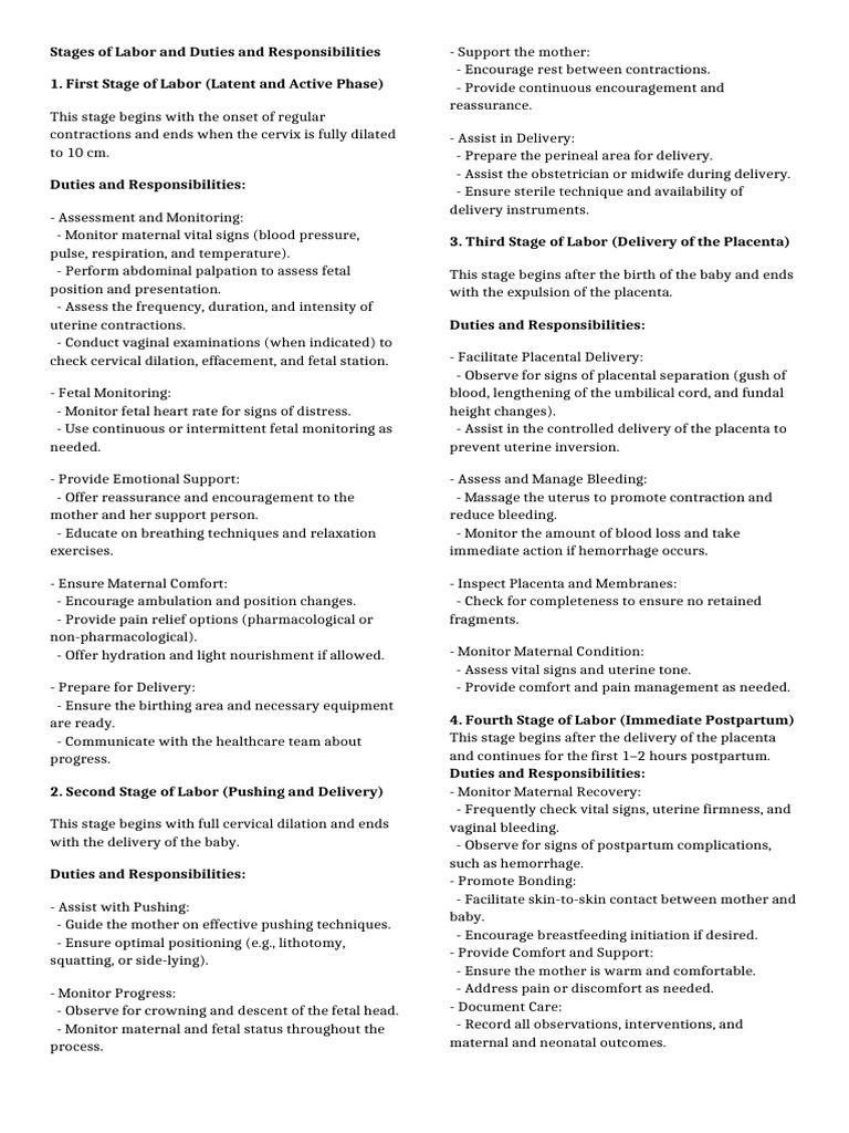 Stages of Labor and Duties | PDF | Childbirth | Clinical Medicine
