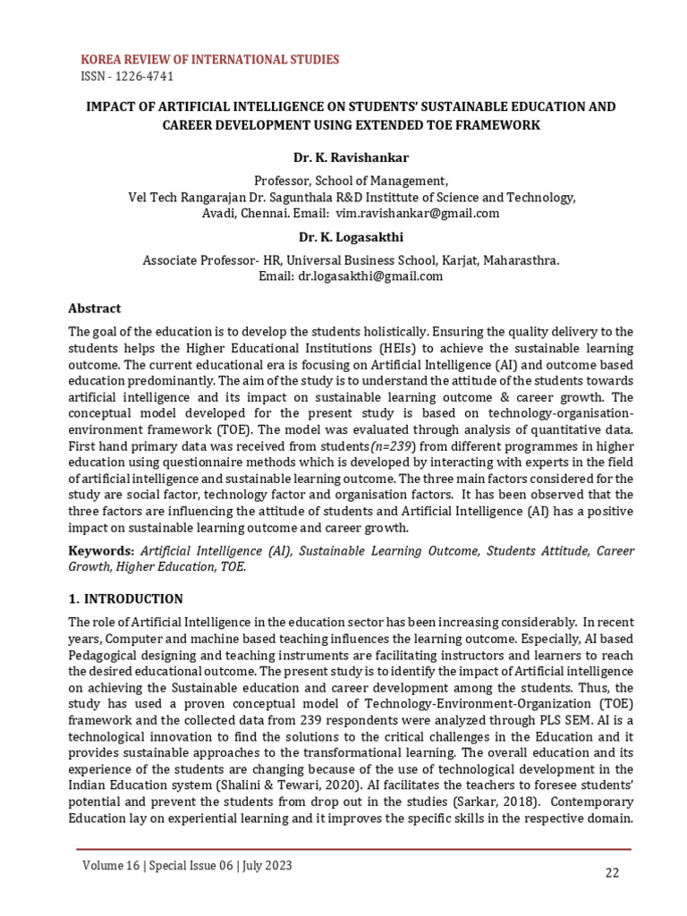 Impact of Artificial Intelligence On Students Sustainable Education and Career Development Using ...