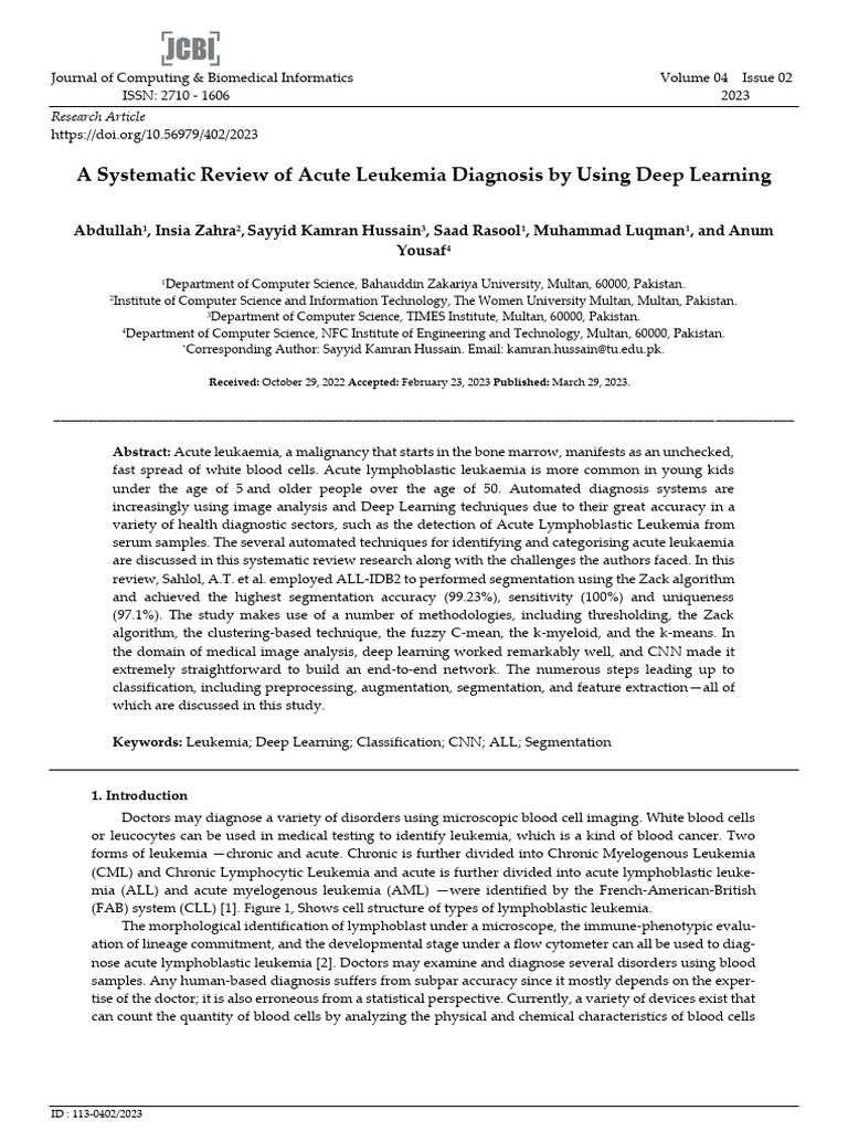 A Systematic Review of Acute Leukemia Diagnosis by Using Deep Learning | PDF | White Blood Cell