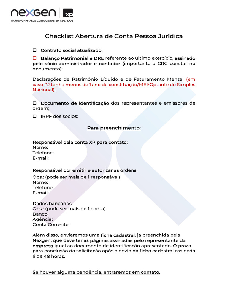CheckList - Abertura de Conta PJ (Cliente) | PDF