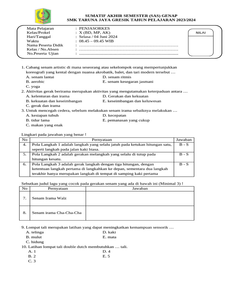 Soal SAS PJOK X GENAP 2024 | PDF