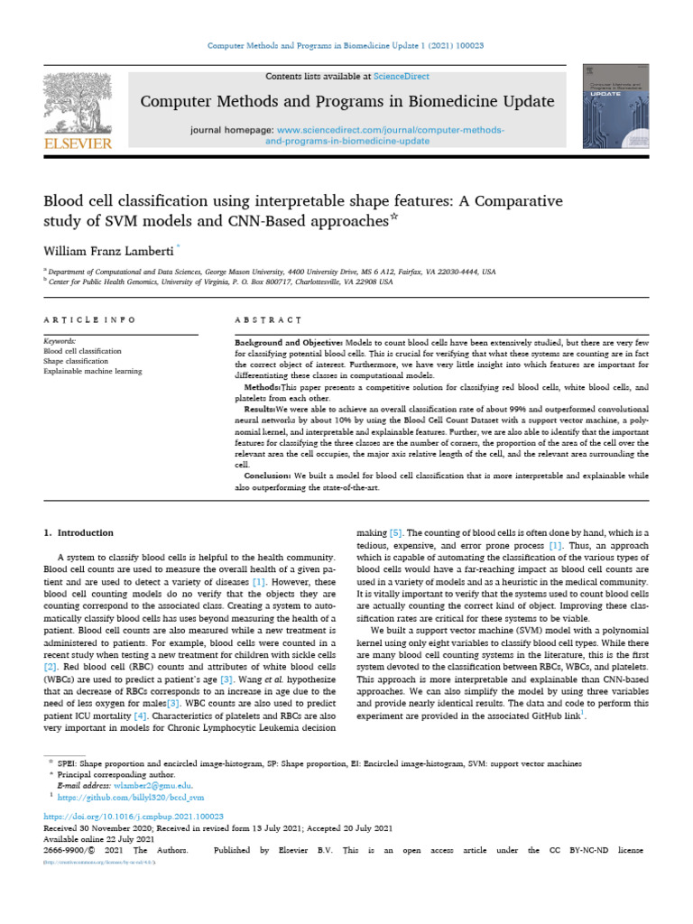 Blood cell classification using interpretable shape features_ A Comparative study of SVM models ...