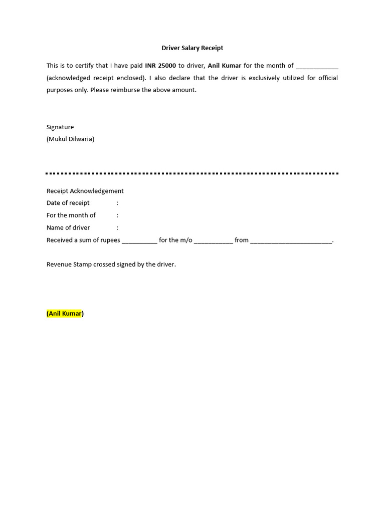 Driver Salary Payment Temp | PDF