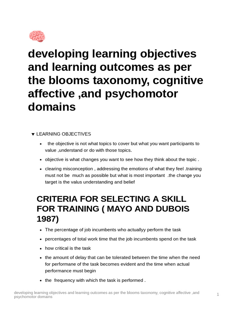 Developing Learning Objectives and Learning Outcomes As Per The Blooms ...