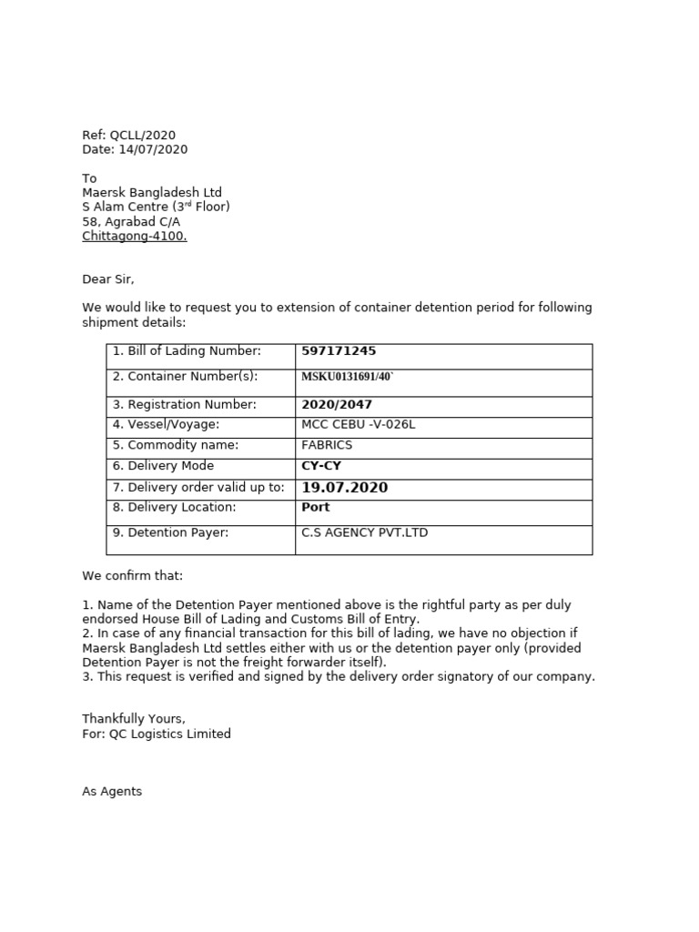 Request for Container Detention Extension | PDF