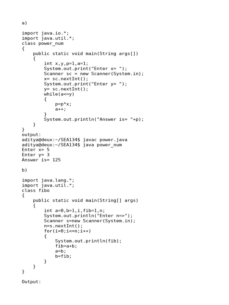 Java Programs for Power, Fibonacci, Quadratic | PDF