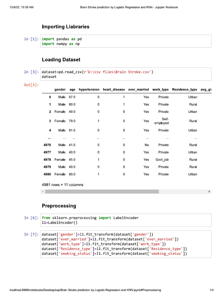 Brain Stroke prediction by Logistic Regression and KNN | PDF