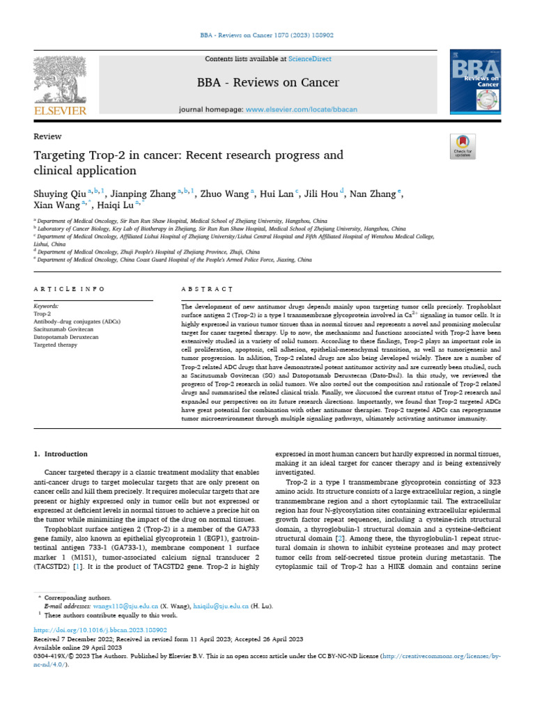 Targeting Trop-2 in Cancer: Recent Research Progress and Clinical ...