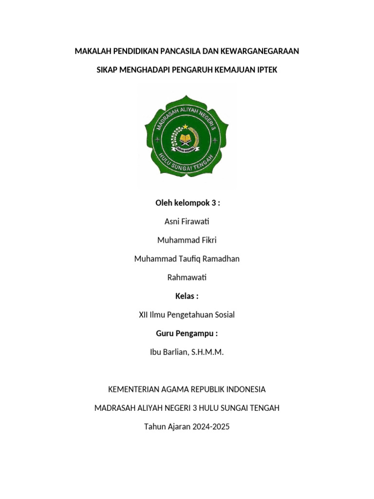 Makalah PPKN Pengaruh Kemajuan Iptek | PDF