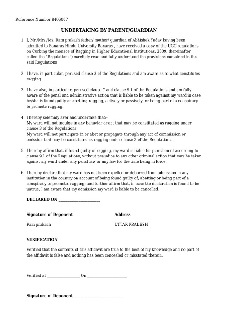 Parental Undertaking Against Ragging | PDF