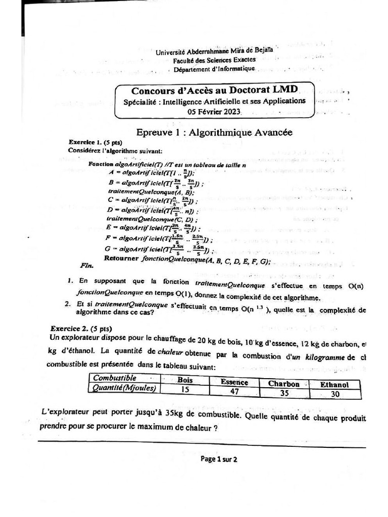 Epreuve AA (Algorithme Avance) LQ Concours de Doctorat univ Bejaia 2022-2023 (Tchi drive) | PDF