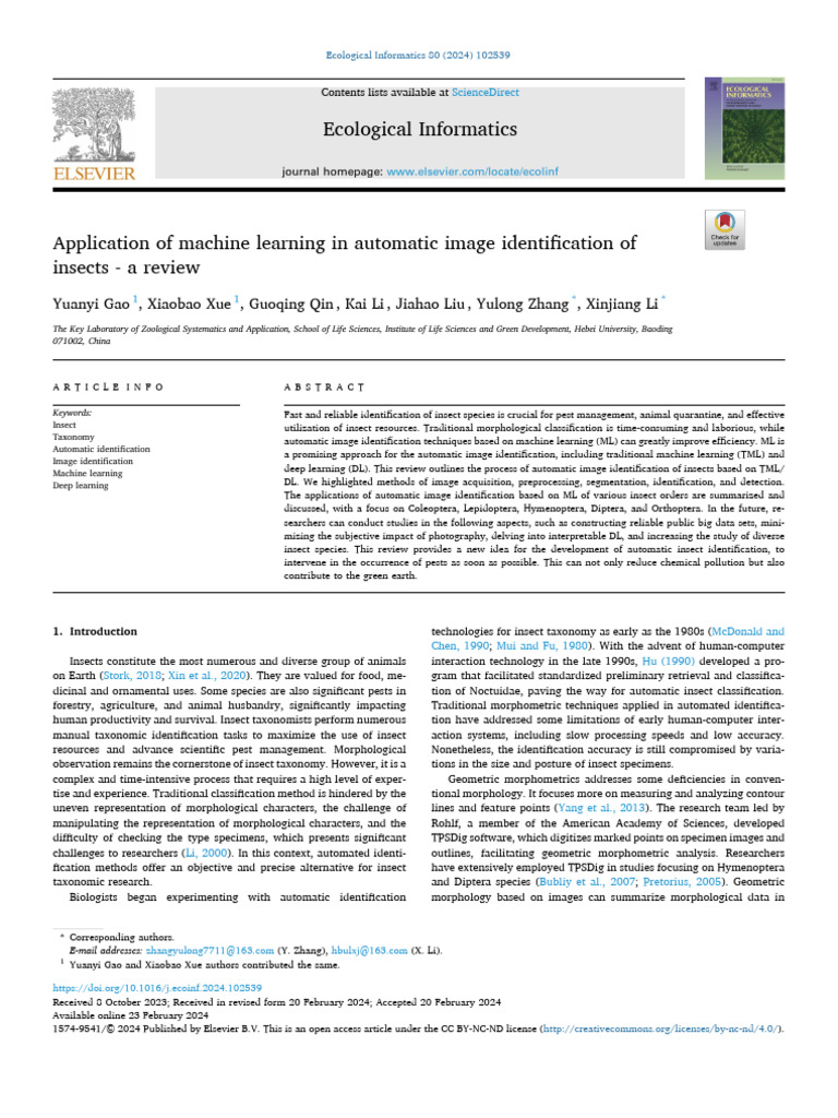 Application of Machine Learning in Automatic Image Identification of Insects - A Review | PDF ...